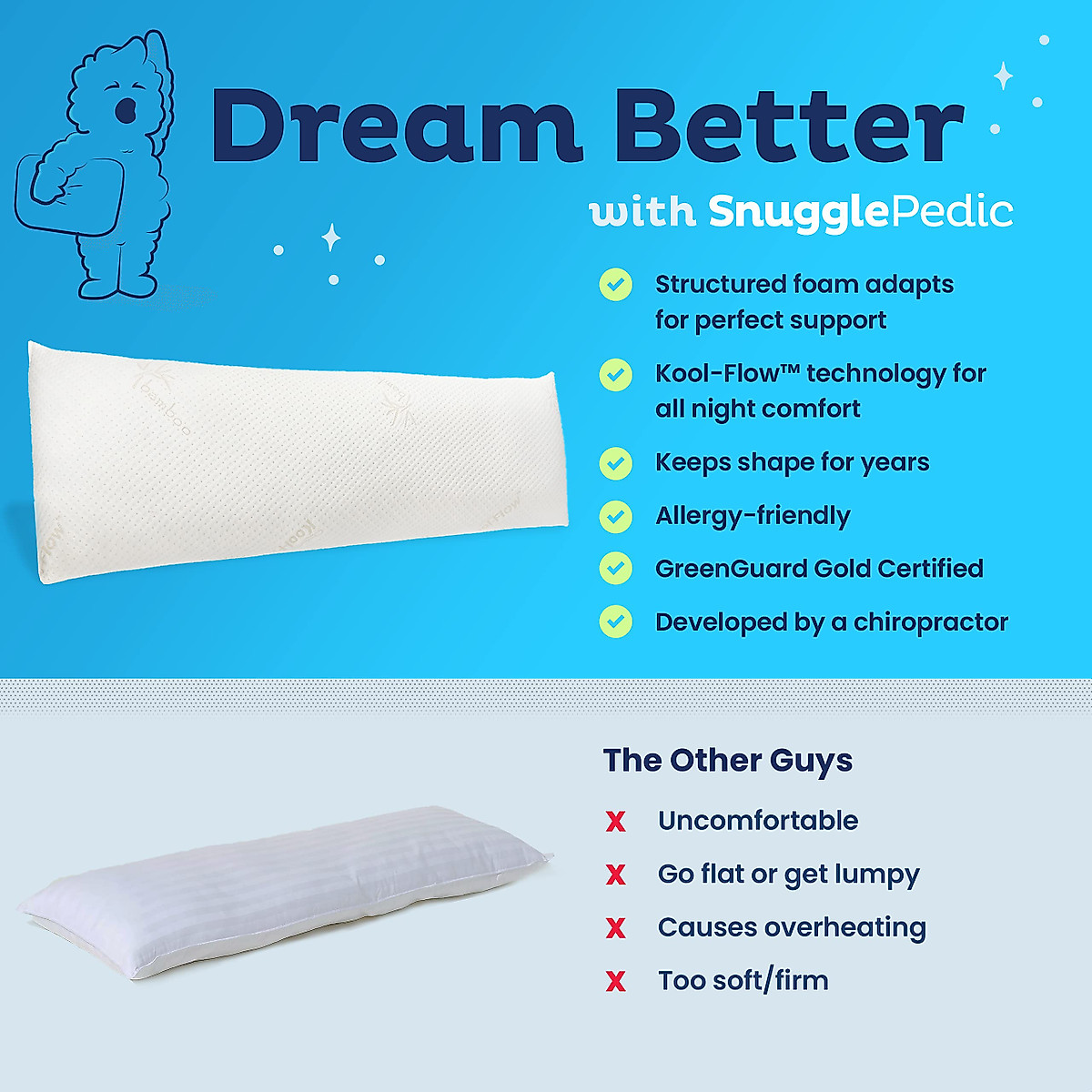 Snuggle-Pedic Long Body Pillow for Adults - Big 20x54 Pregnancy Pillows w/ Shredded Memory Foam & Bamboo Cooling Pillow Cover - Cuddle Pillow for Bed, Firm Maternity Side Sleeper Pillow Insert to Hug
