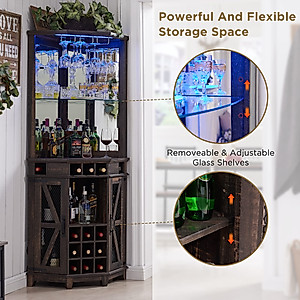 OKD Corner Bar Storage Cabinet, 72" Tall Farmhouse Wine Bar Cabinet w/Barn Door & Adjustable Shelf, Home Bar Cabinet w/LED Light & Glass Rack for Dining Room, Living Room, Kitchen, Dark Rustic Oak