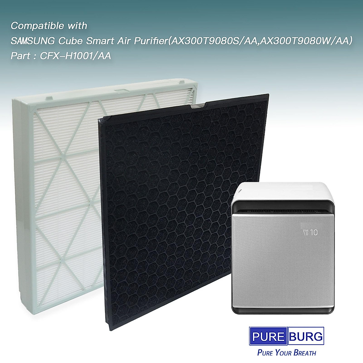 PUREBURG CFX-H1001/AA Replacement Filter Set Compatible with SAMSUNG Cube Smart Air Purifier, H13 HEPA + Activated Carbon Filter