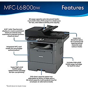 Brother MFC-L68 00DW All-in-One Wireless Monochrome Laser Printer, Print Copy Scan Fax, Multifunction, Mobile Printing & Scanning, Duplex Print, PCS