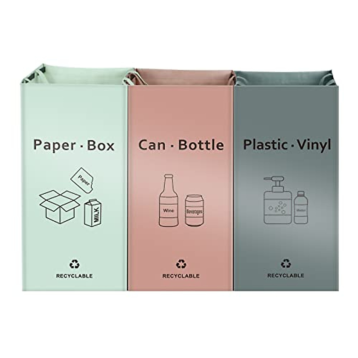 JIALAI HOME Separate Recycling Waste Bin Bags for Kitchen Home - 42 Gallon Recycling Bins (Pink, Green, Gray) Waste Trash Sorting Organizer, Reusable Waterproof, Pack of 3 Bags