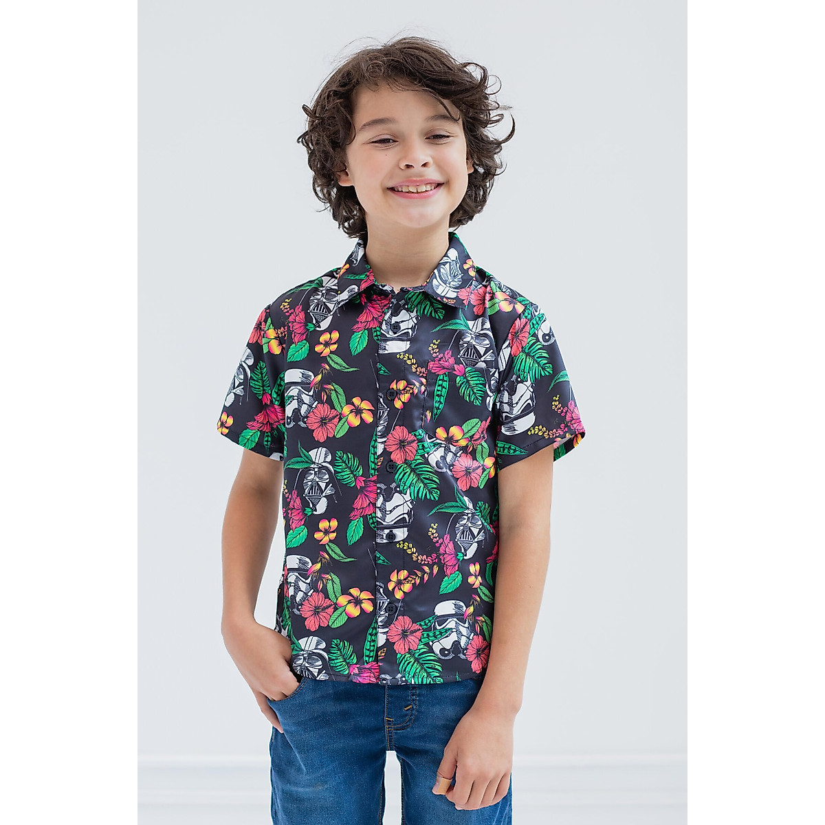 STAR WARS Darth Vader Stormtrooper Big Boys Hawaiian Button Down Shirt Black 14-16