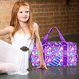 Dance Ballet Bags for Girls, Kids Duffle Gym Bag Travel with Shoe Compartments Sports Ballet Bag Teens Weekender Sleepover Carry On Bag Purple Mermaid