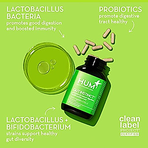 HUM Gut Instinct - Gut Health Daily Probiotic Blend for Overall Digestive Health - Lactobacillus + Bifidobacterium Strains for Bloating Relief, Immune Support + Healthy Gut Diversity (30 Capsules)