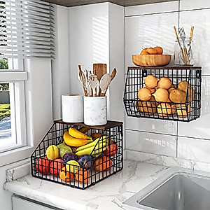 Mefirt Fruit Basket, Enlarged 2-Tier Kitchen Organization Wire Basket with Wood Lid, Stackable Wall-mounted & Countertop Tiered Storage Baskets for Potato Storage, Onion Storage, Snack Onganizer etc