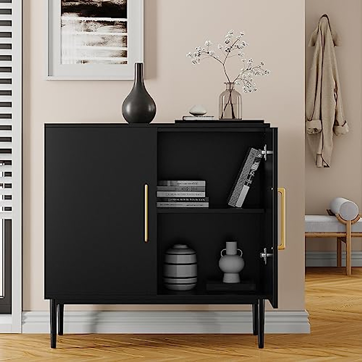 REHOOPEX Storage Cabinet with Doors, Modern Black Accent Cabinet, Free Standing Cabinet, Wooden Buffet Sideboards for Bedroom, Kitchen,Home Office