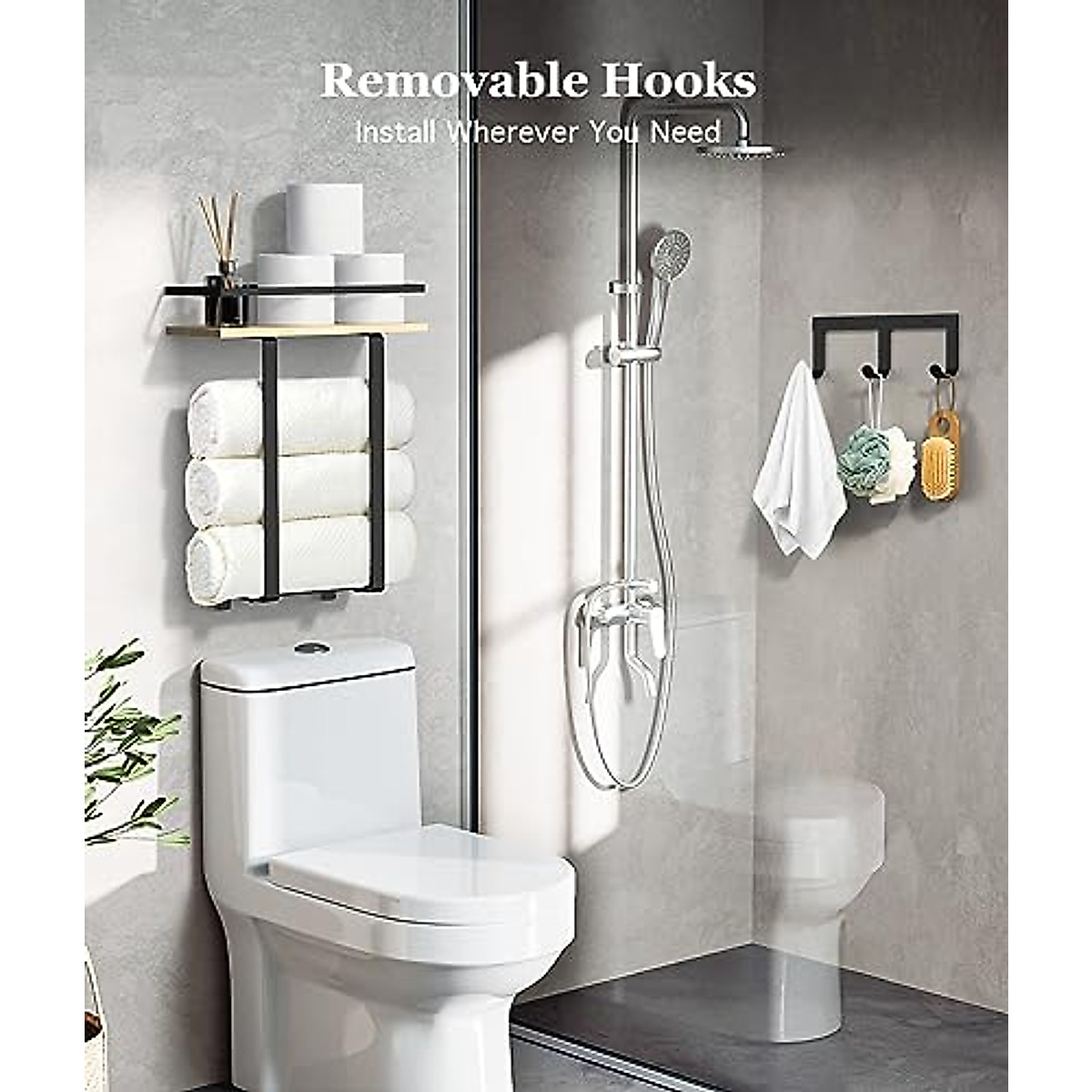 Luxspire Towel Racks Wall Mounted for Bathroom, Towel Holder Wall Mounted with Wooden Floating Shelf & 3 Metal Hooks, Rolled Bath Towel and Hand Towel Rack for Bathroom, Black + Wooden