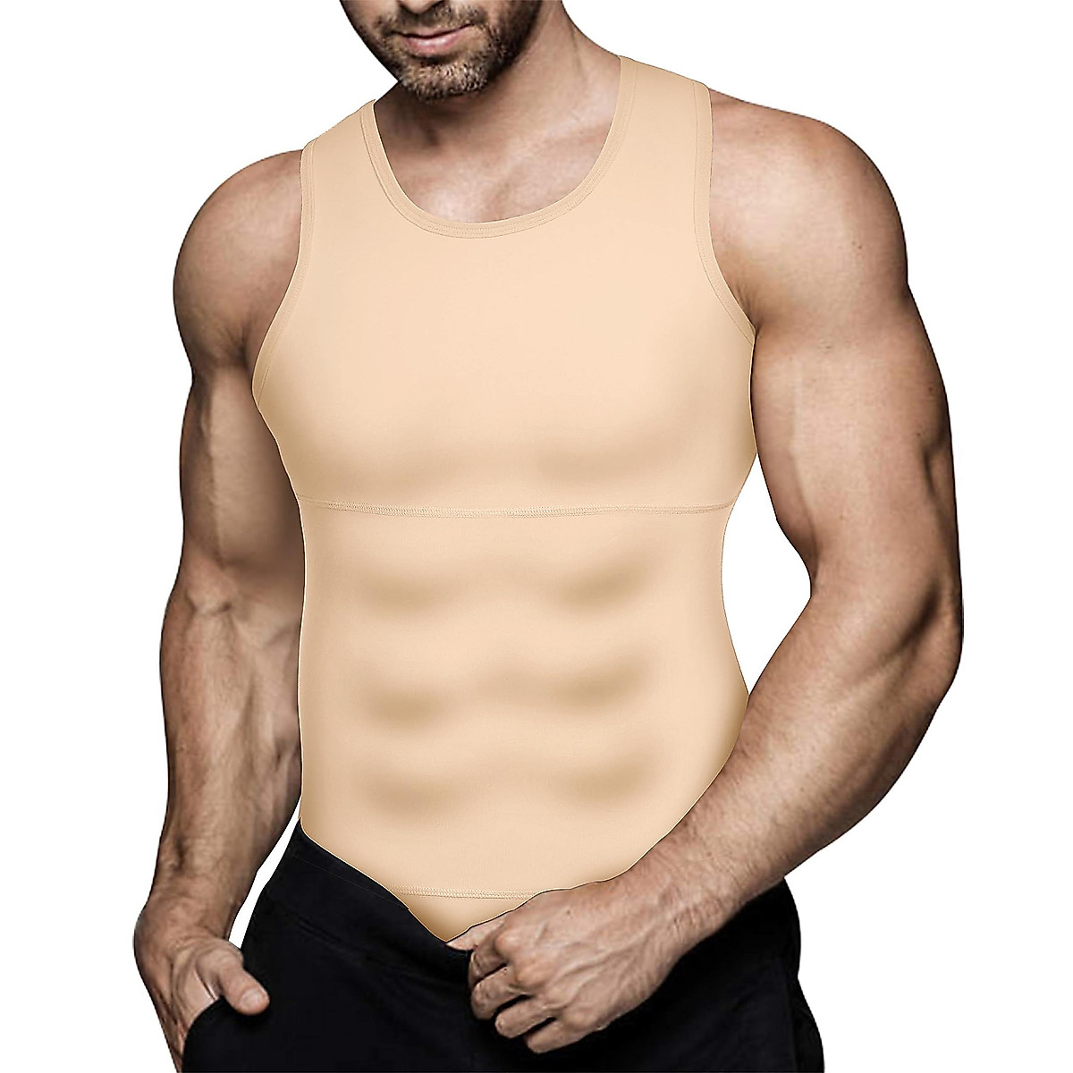 Eleady Mens Slimming Body Shaper Vest Compression Shirt Abs Abdomen Shapewear Workout Tank Top Undershirt (Small, Beige Tops)