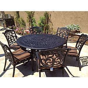 Mandalay Outdoor Patio 7pc Dining Table Dark Bronze Color Cast Aluminum (Walnut)