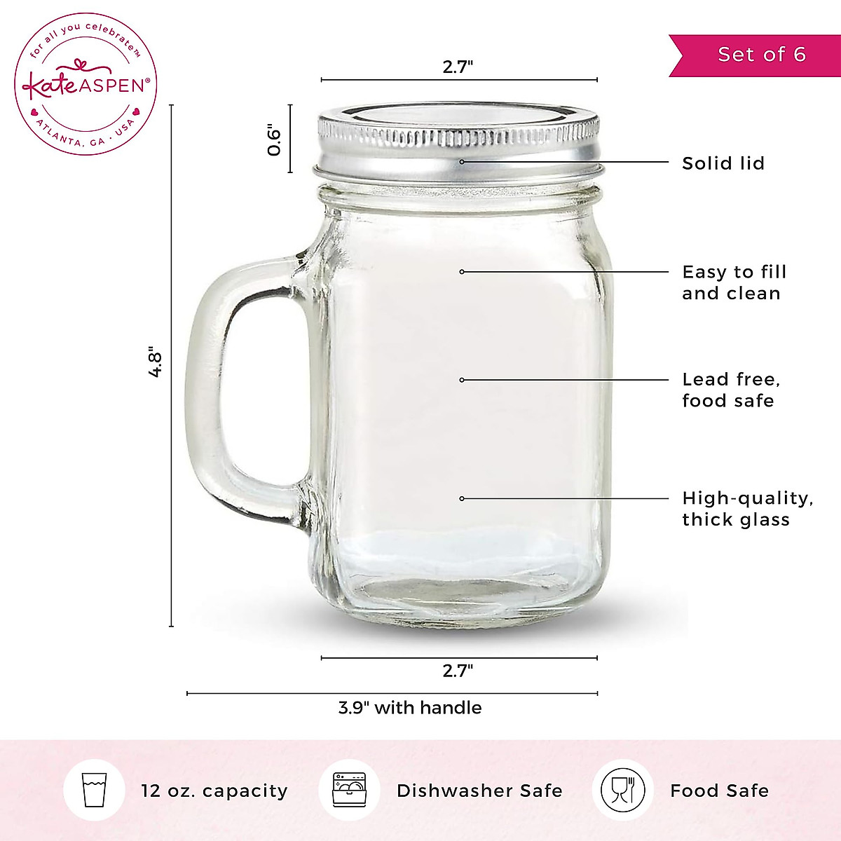 Kate Aspen 12 oz. Mason Jar Mugs With Handles & Solid Lid (Set of 6)| Kitchen Drinking Glass Cups | DIY Baby Shower Favors, Candy Jars, Rustic Wedding Decor and Party Favors
