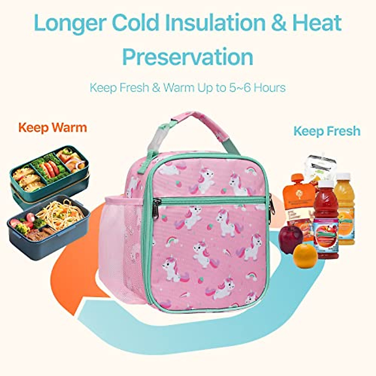 Bagseri Kids Lunch Box, Insulated Lunch Box Bag for Girls, Portable Reusable Toddler Lunch Cooler Bag for School, Water-resistant Lining（Pink, Unicorns）