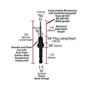 JNB Pro Wood Countersink Drill Bit Set,3 Pc Adjustable Countersink Bit #6(9/64"),All Same Size,1 Extra 9/64" Tapered Drill Bit, 1 Adjust. Collar,1/4" Quick Change Shank,Countersink (#6(9/64))