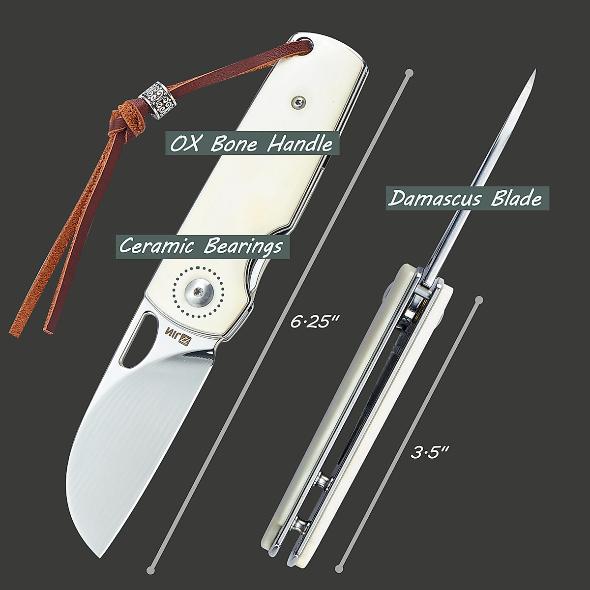 JIN Vaquero Pocket Knife for Men, 2.75" Polished Damascus Blade Folding EDC Knife Bone Handle DIY Knife Making Kit Christmas Gift Ideas Damascus Pocket Knife