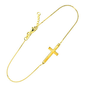 14K Yellow Gold Sideways Cross Crucifix Christian Rolo Chain Bracelet with Lobster Claw Clasp - Adjustable 7-1/2" with 1/2" Extender