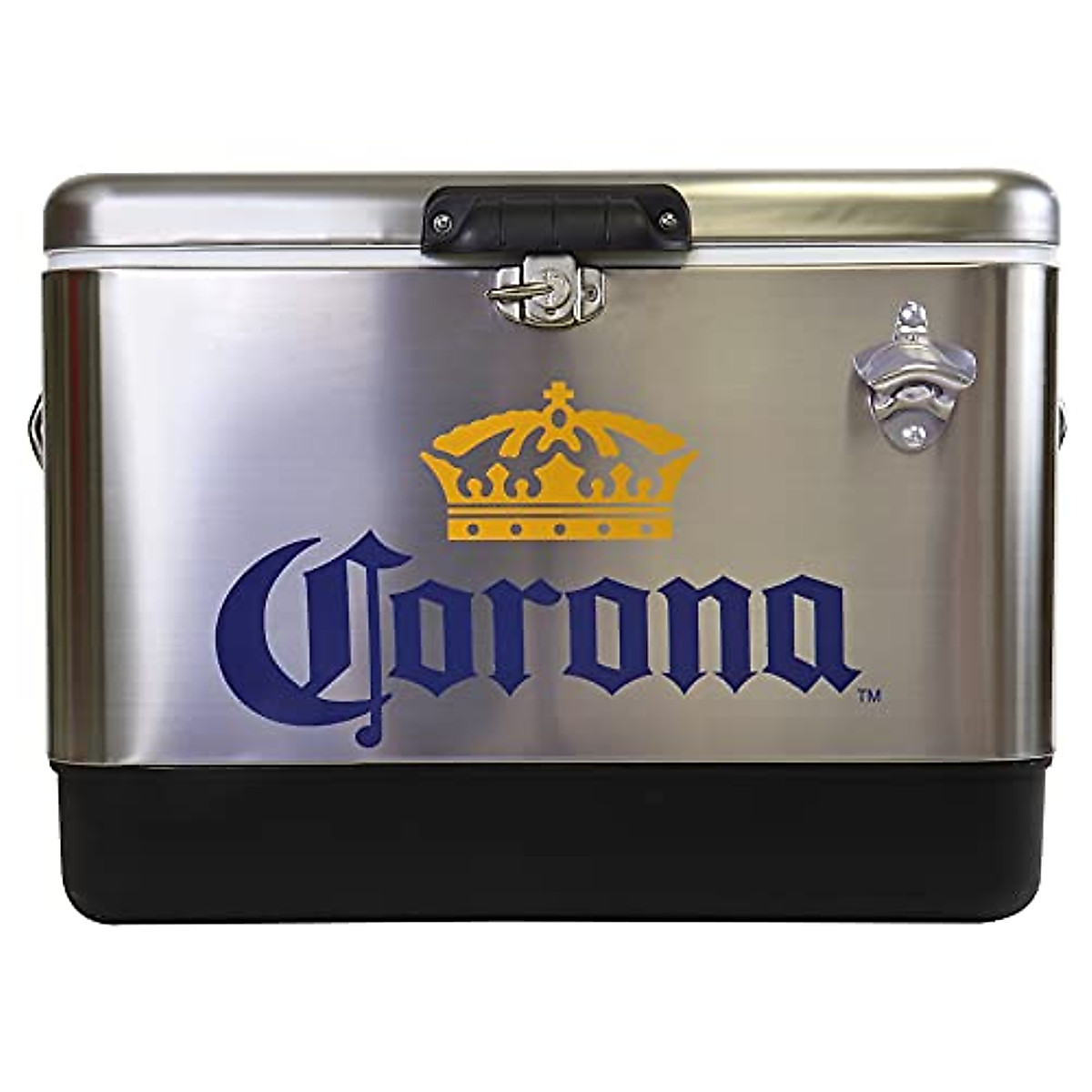 Corona Ice Chest Beverage Cooler with Bottle Opener, 51L (54 qt), 85 Can stainless steel Portable Cooler, Silver and Black, for Camping, Beach, RV, BBQs, Tailgating, Fishing