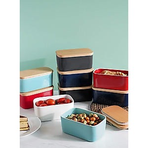 Sweese 303.101 Large Butter Dish - Airtight Butter Keeper Holds Up to 2 Sticks of Butter - Porcelain Container with Beech Wooden Lid, White