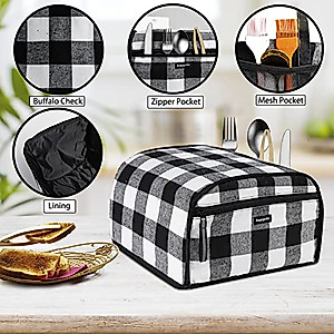 Toaster Cover 4 Slice Wide Slot, Toaster Oven Cover Compatible with Cuisinart, 4 Slice Bread Cover, Toaster Dust Covers with Zipper Pockets, Buffalo Check (Cover Only)