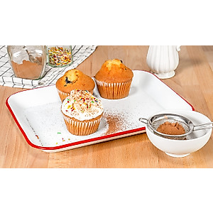 Red Co. 13.5” x 10” Enamelware Metal Classic 1.6-Quart Rectangular Serving Tray, Solid White/Red Rim