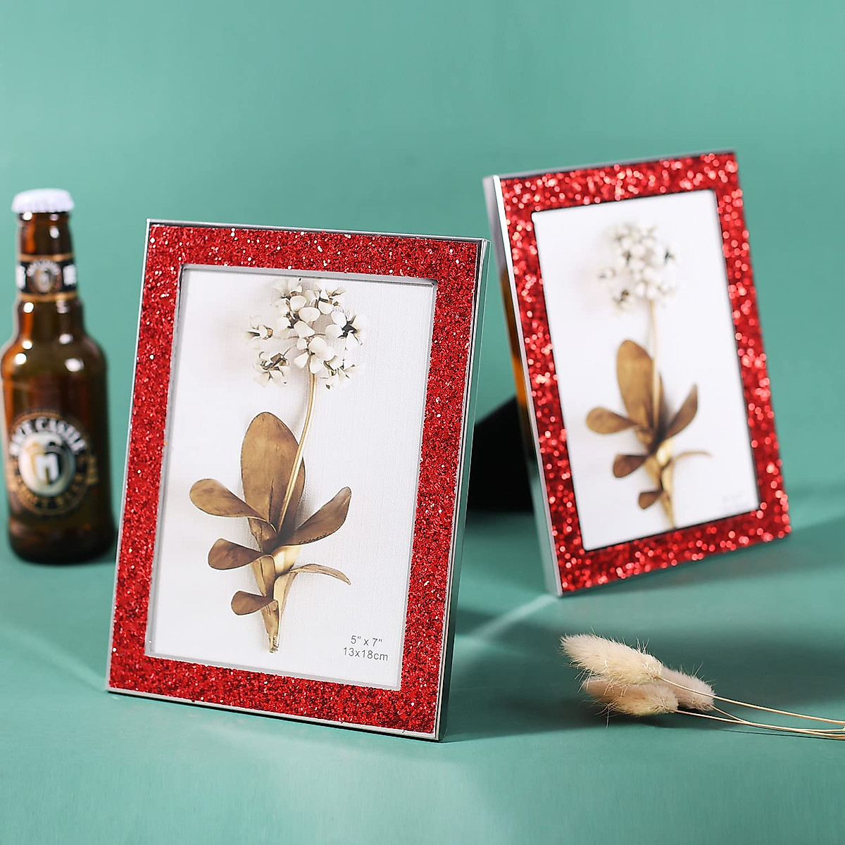 5x7 Picture Frame High-grade Metal Tabletop Photo Frames Smooth Finish Display Pictures Ideal Gift to Family and Friends（Red Glitter）