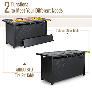 MFSTUDIO 45” Outdoor Rectangular Gas Fire Pit Table，50000 BTU Propane Iron Plate Embossing Fire Table with Lid and Blue Glass for Patio,Backyard and Balcony,Black