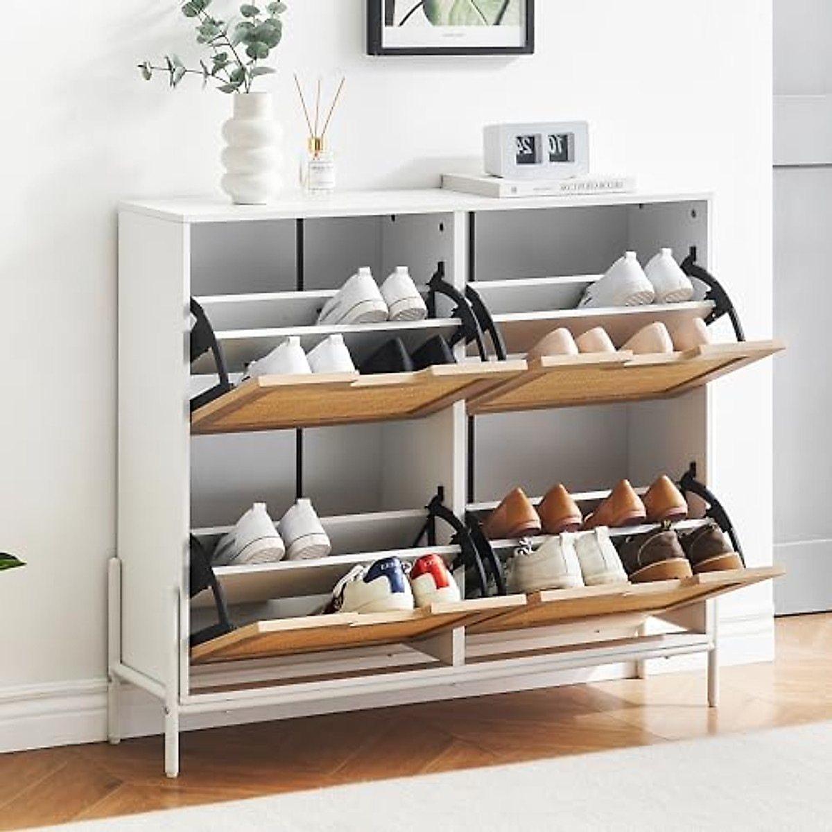 IDEALHOUSE Natural Rattan 4 Flip Door Shoe Cabinet Organizer Freestanding, Shoe Rack Storage Cabinet for Entryway with 3-Tier Adjustable Shelves for Slippers, Sneakers, Heels, Boots