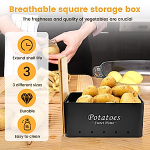 WHSUNVO 3Pcs Onion Garlic Potato Storage Box Set Carbon Steel Potato Onion Storage Bin with Vent Hole Multipurpose Vegetable Keeper Containers Potato Onion Garlic Jars Storage Canisters(Black)