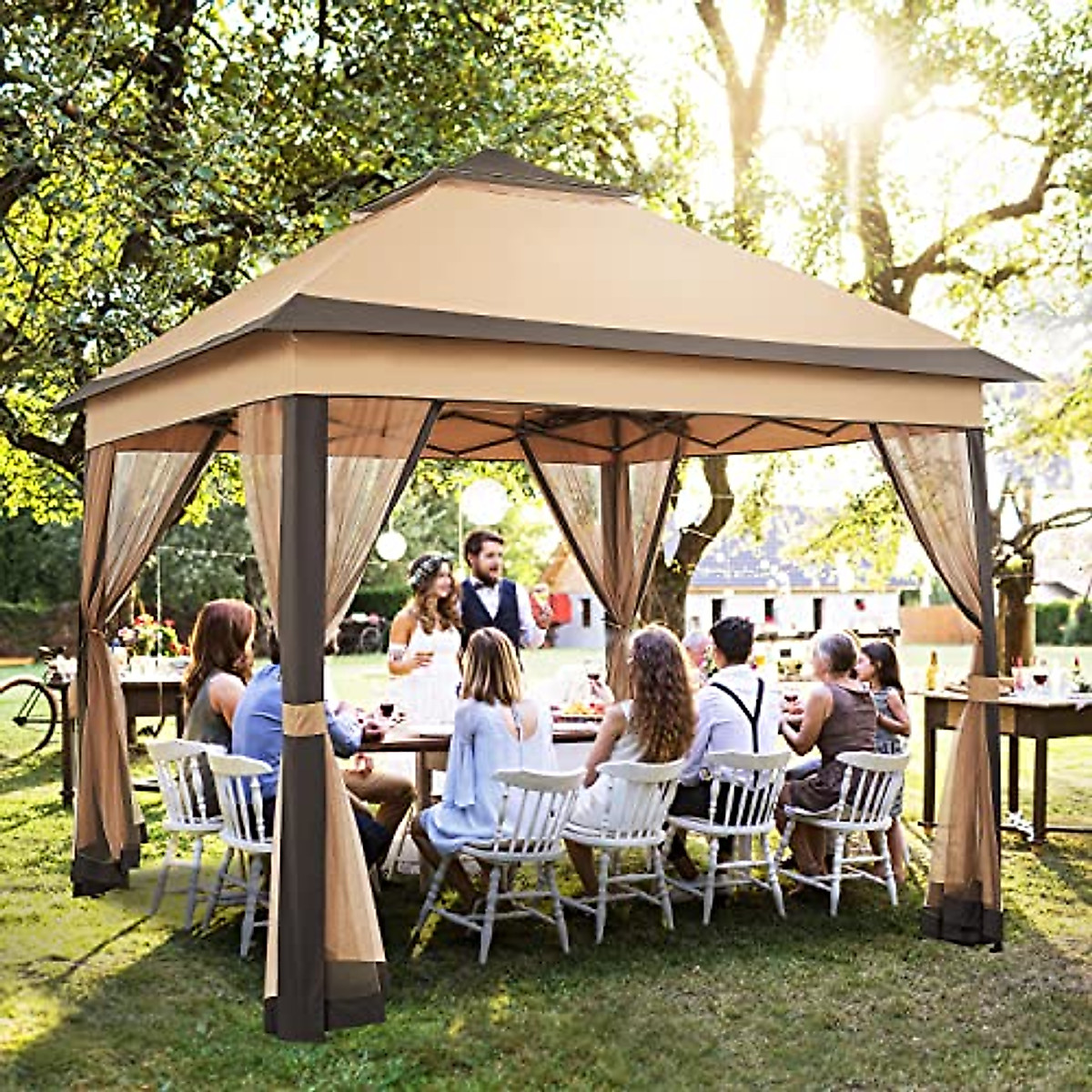 Yaheetech 11'x11' Pop Up Gazebo Outdoor Canopy Shelter Instant Pop Up Patio Gazebo Sun Shade Gazebo Canopy Tent with Double Tiers and Mesh Netting, for Lawn, Garden, Backyard and Deck (Khaki&Brown)