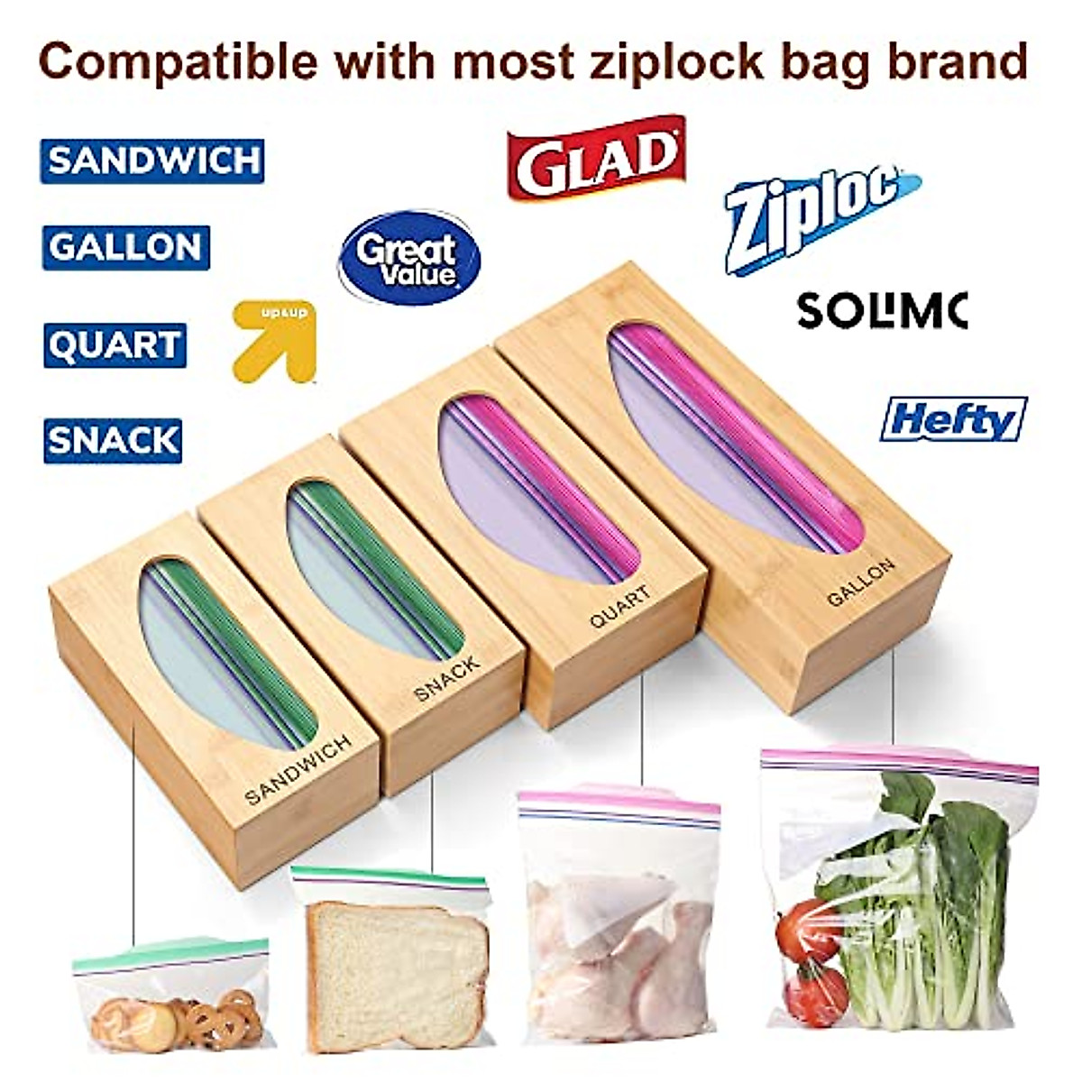 Urvoix Ziplock Bag Storage Organizer, 4 Pcs Baggie Organizer, Bamboo Ziplock Bag Organizer for Drawer Kitchen Compatible with Gallon, Quart, Snack & Sandwich Variety Size Bags