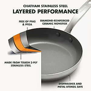 GreenPan Chatham Tri-Ply Stainless Steel Healthy Ceramic Nonstick 10" and 12" Frying Pan Skillet 2-Piece Set, PFAS-Free, Multi Clad, Induction, Dishwasher Safe, Oven Safe, Silver