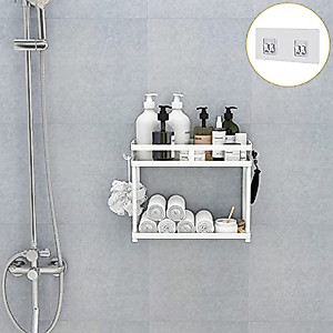 FLE Under Sink Organizer, 2 Tier Metal Under Bathroom Sink Storage Baskets with Hooks, Self Adhesive White Under Sink Shelf Organizer for Bathroom Kitchen
