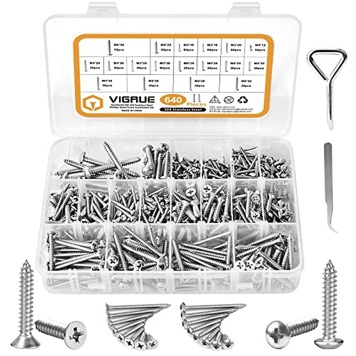 VIGRUE 640PCS M3/M4/M5/M6 Phillips Drive Wood Screw Assortment Kit, 304 Stainless Steel Self Tapping Screws Assortment Set (Round Head and Flat Head)