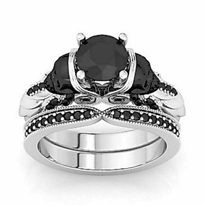 Destiny jewel 2.11ct black round cut diamond skull view engagement wedding bridal ring set, 925 sterling silver white gold over ring set (13.75)