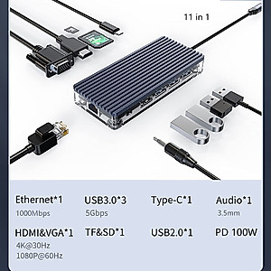 Port Expander USB C Hub 11 in 1 Type C Adapter with HDMI, VGA, 100W PD, 3 USB 3.0, USB 2.0, Ethernet, SD/TF Card Reader, 3.5mm Audio USB Splitter