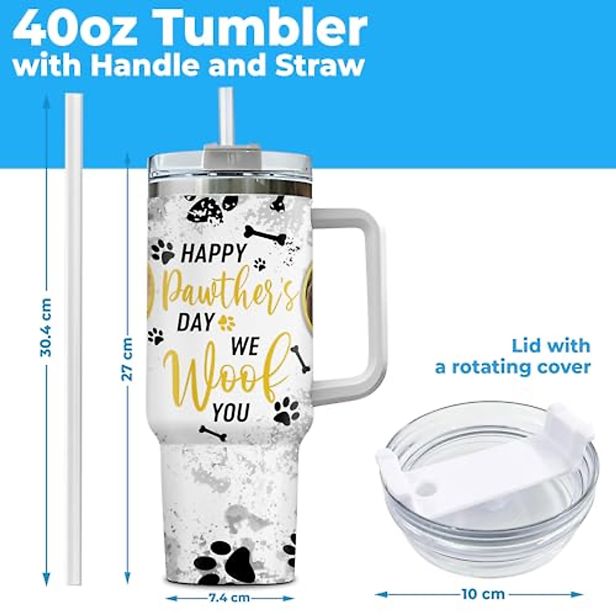 Hyturtle Personalized Picture Dog Dad 40oz Tumbler with Handle and Straw Gifts for Dog Lovers, Funny Father's Day Cup Gifts For Men, Best Gift Idea for Dogs Dad Stainless Steel Travel Cup With Lid