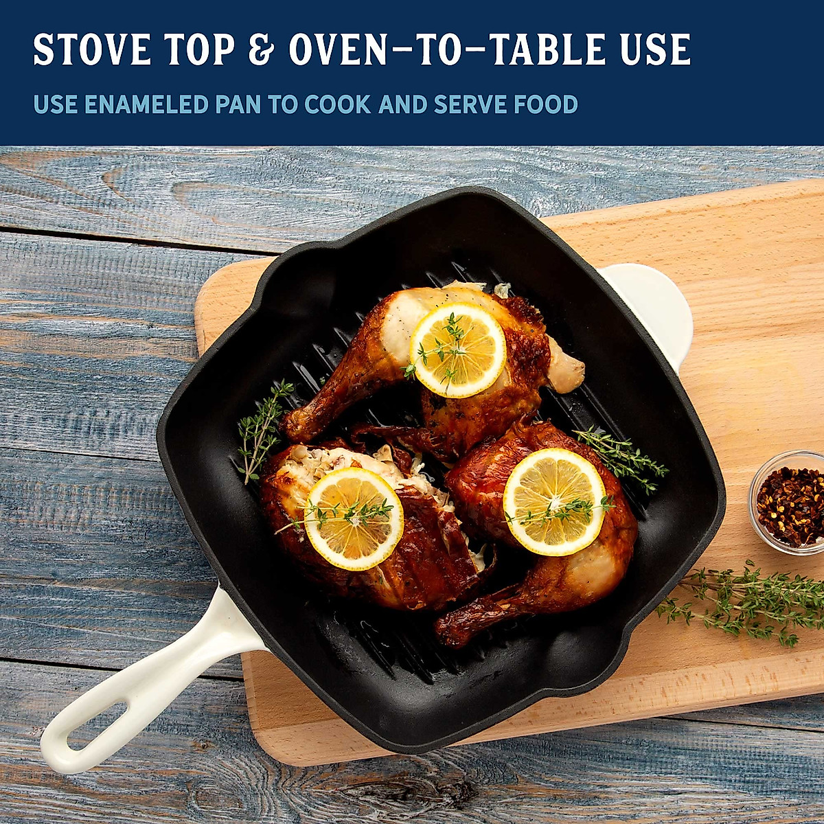 Country Living Enameled Cast Iron Square Griddle Grill Pan with Ridges, Helper Handle and Pouring Spouts for Easy Draining, Indoor Grilling Skillet, 11-Inch, Cream