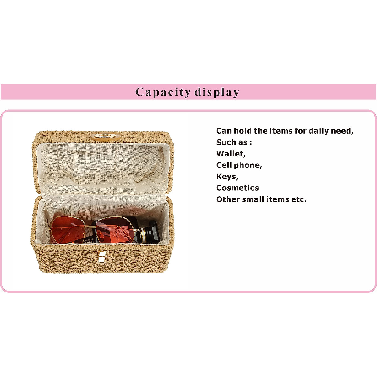 TaiGuri Women's Handmade Straw Rattan Woven Chain Purse Tote Shoulder Bag Handbag, Khaki, Medium