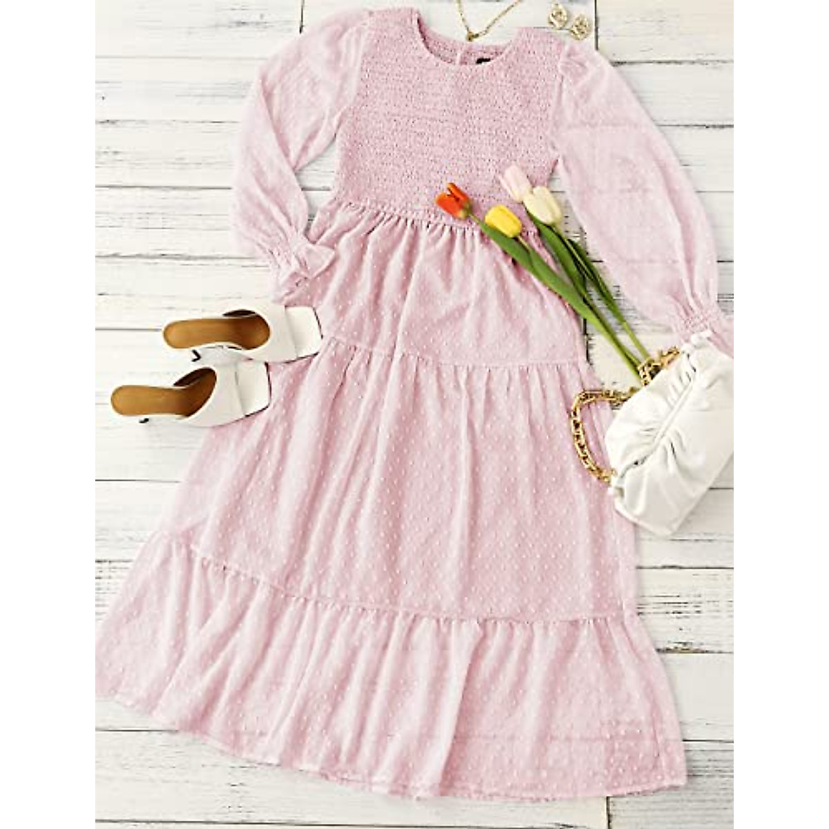 MEROKEETY Women's Long Sleeve Round Neck Smocked Elastic Waist A Line Tiered Dress,Pink,M