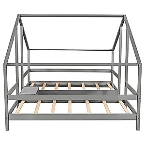 HAUSHECK Double Twin Beds for Kids, Twin Size House Bed with Storage Drawers, Wooden Double Twin Platform Beds for Boys & Girls, Kids Bed with Guardrails & Roof, No Spring Box Needed, Space Saving