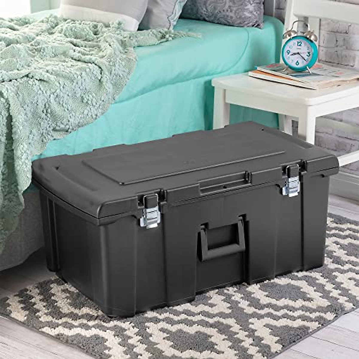 Sterilite Heavy Duty 16 Gallon Portable Plastic Footlocker Storage Container with Handles and Wheels for Dorms and Apartments, Black, 2 Pack