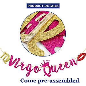 Virgo Queen Banner, Pre-strung Virgo Astrology Banner, Happy 18th, 21st, 30th, 40th, 50th, 60th Birthday Party Decor, Virgo Zodiac Birthday Party Decorations (Rose Glitter)