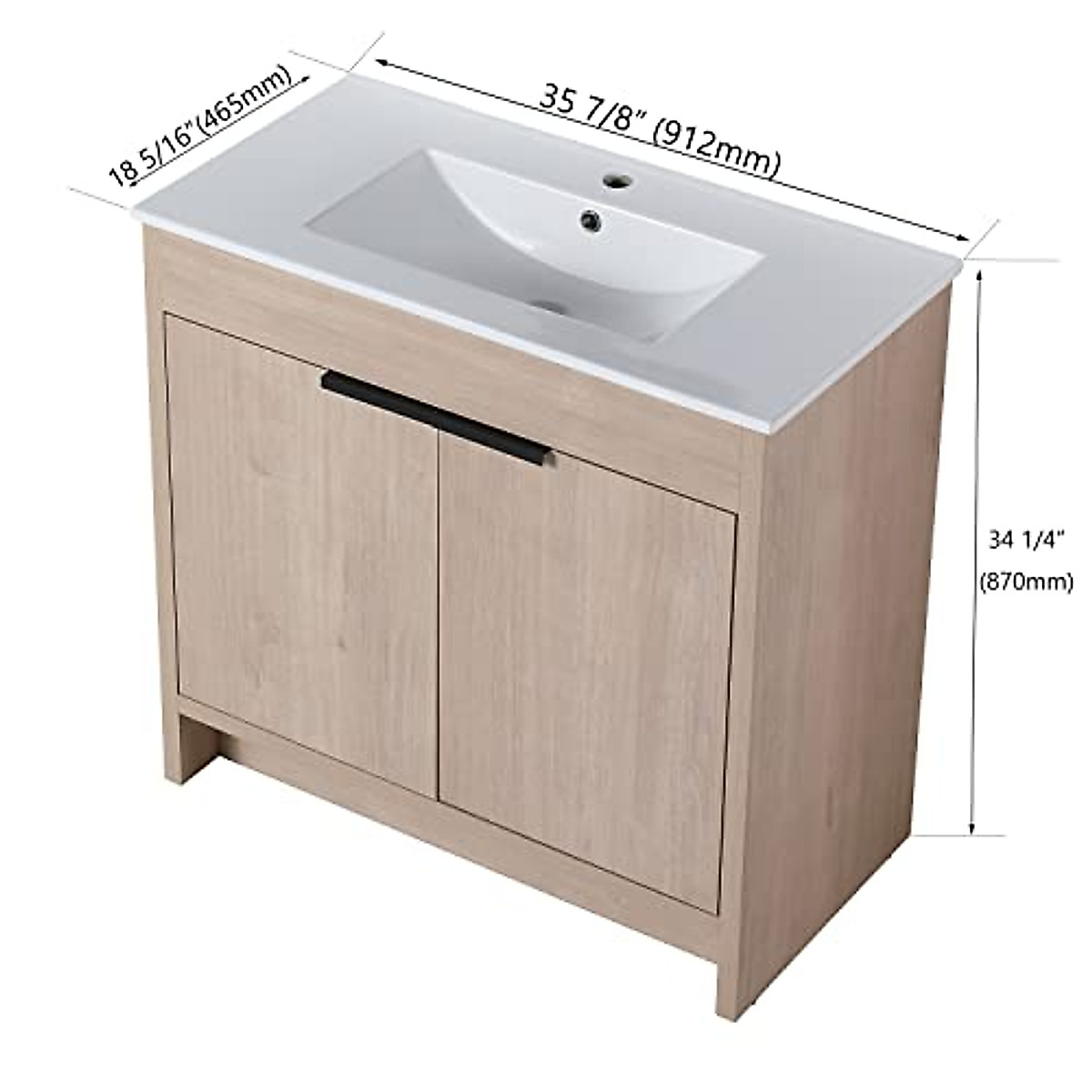 Sybrioka Freestanding Bathroom Vanity with Sink Set, 36" Modern Bathroom Storage Cabinet Vanity with White Ceramic Sink, Large Bath Cabinet with Wood Door and Inset Basin (Oak, 36inch)