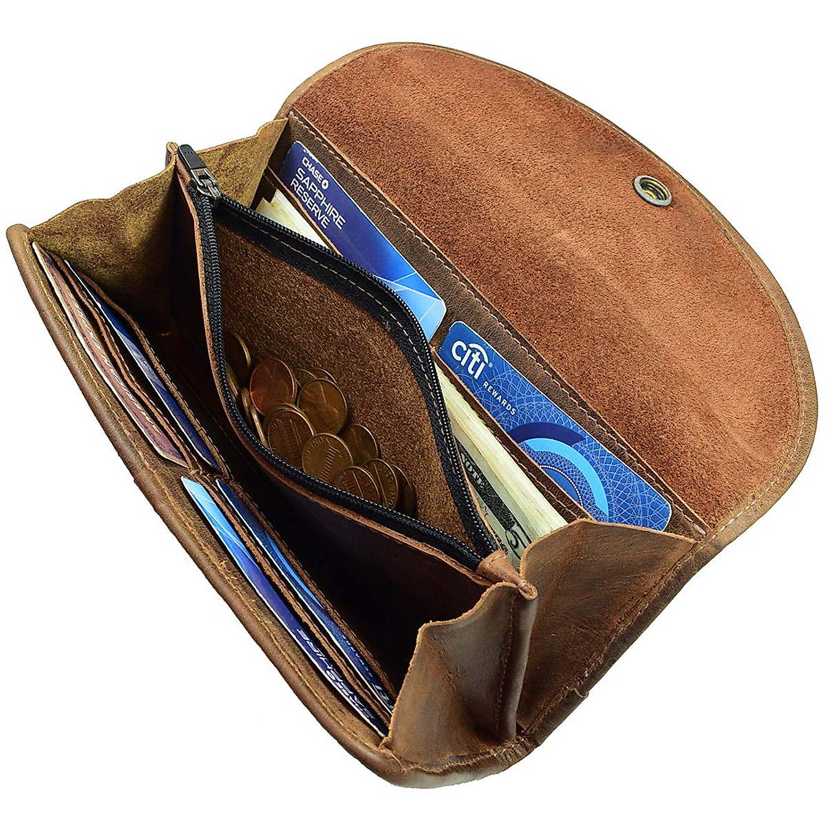 Hide & Drink, Snap Clutch Wallet for Women, Money Holder and Card Organizer with Zippered Pouch, Full Grain Leather, Handmade, Bourbon Brown