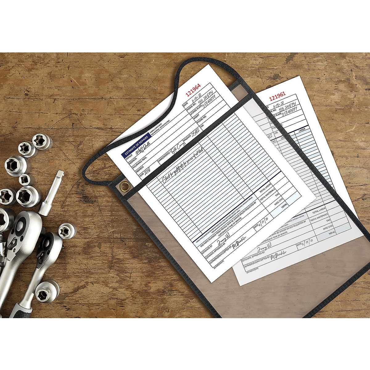 Better Office Products Shop Ticket Holders with Hanging Strap, 9 x 12 Inches, Both Sides Clear, Stitched Black Heavy Duty Canvas Edge Trim, 15 Pack