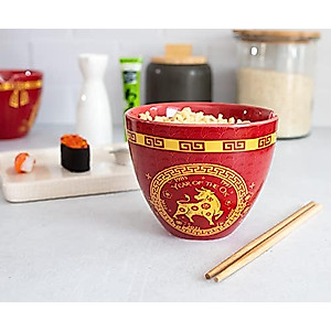 Boom Trendz Year Of The Ox Chinese Zodiac Ceramic Dinnerware Set | Includes 16-Ounce Ramen Noodle Bowl and Wooden Chopsticks Asian Food Dish For Home & Kitchen Kawaii Lunar New Gifts red One Size