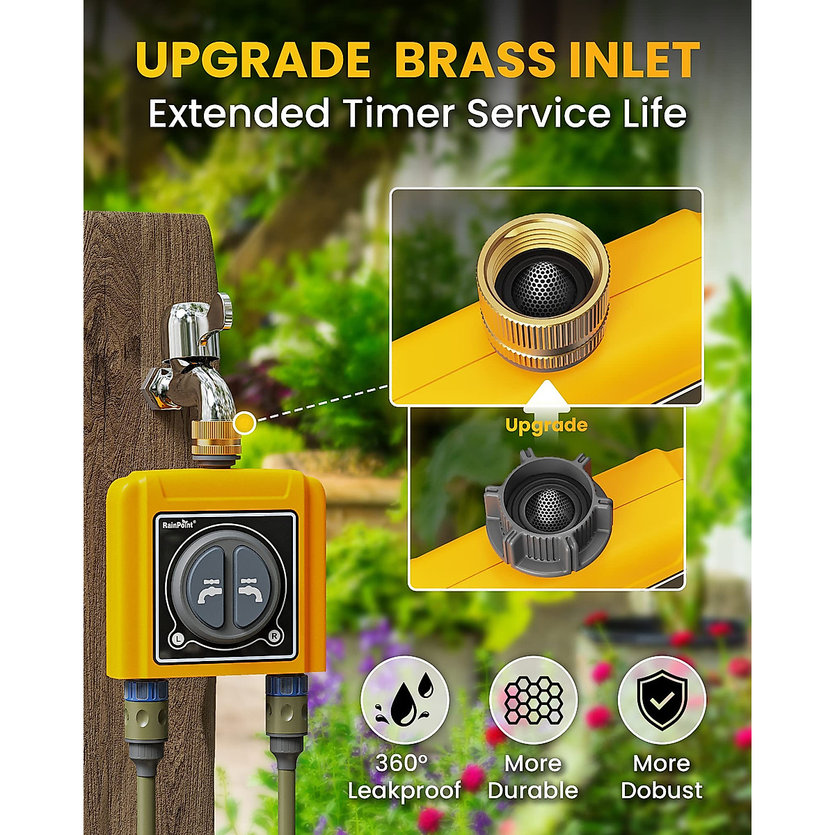 RAINPOINT Sprinkler Timer WiFi Water Timer with Brass Inlet,2 Outlets Smart Hose Timer,Automatic Irrigation System Controller, 2.4Ghz WiFi & Voice Control, Irrigation by Weather/Quantity/Soil Moisture