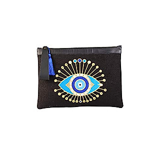 KarensLine Handmade Evil Eye Embroidery Black Jute Clutch Bag Sun Beach Summer Style, Medium