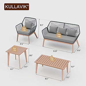Kullavik Outdoor Patio Furniture Set,5 Pieces Indoor Rope Woven Sectional Sofa Set Modern Oak Patio Conversation Sets with Wooden Table for Balcony,Porch or Backyard,Grey