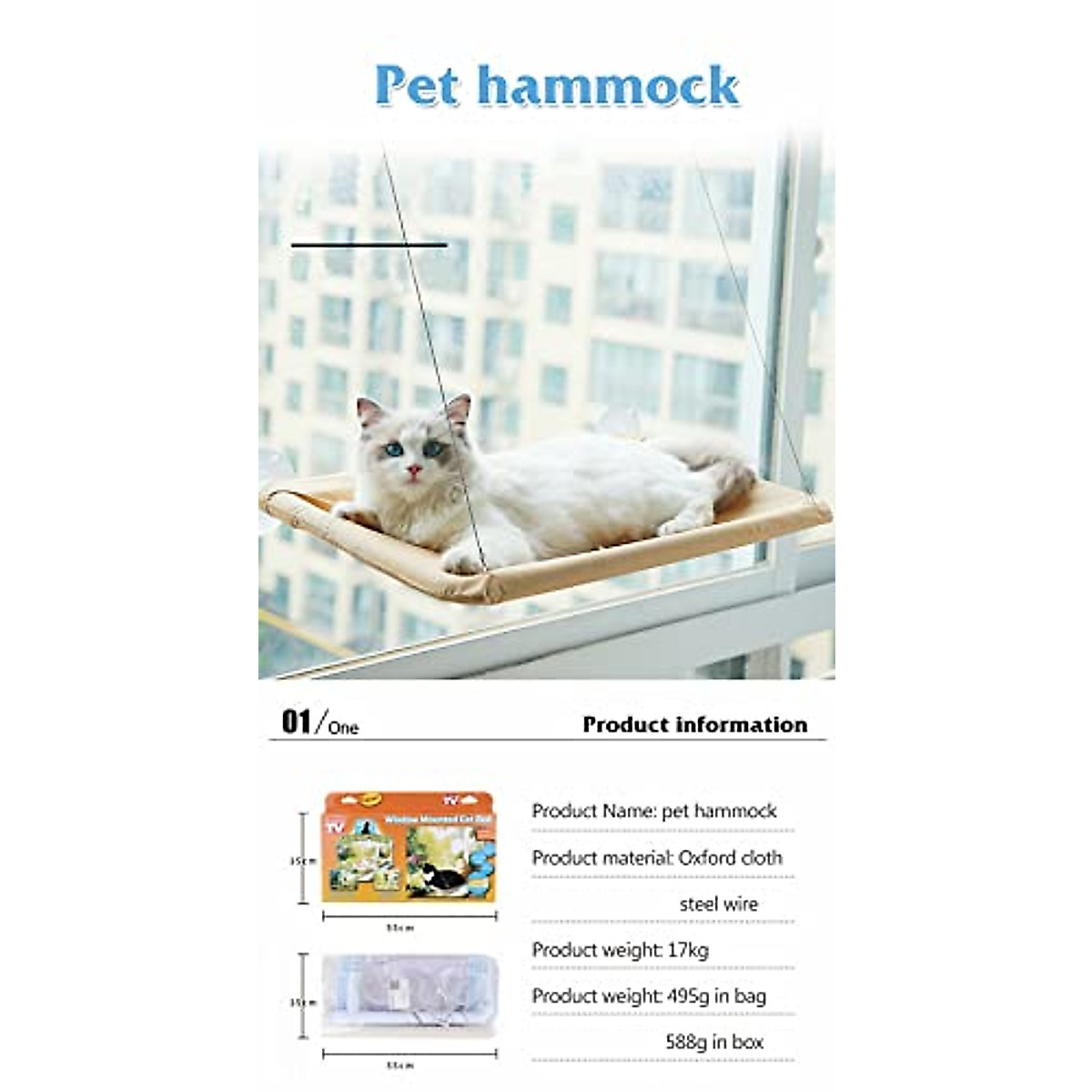 Cat Bed Window, Cat Window Hammock Window Perch , Safety Cat Shelves Space Saving Window Mounted Cat Seat for Large Cats (Large, Beige)