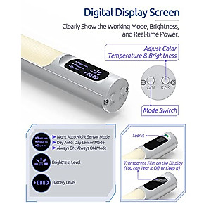 Motion Sensor Light Indoor, 64 LED Closet Lights with Digital Display, 14in Battery Operated Under Cabinet Lights for Closet/Wardrobe/Kitchen, Rechargeable Stick-on Night Light with 3 Color Temps