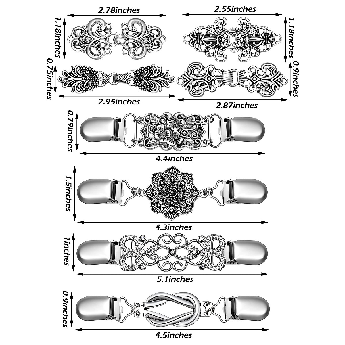 Juinte 8 Pcs Retro Sweater Clips Cinch Clips Shawl Clips Vintage Cardigan Collar Clips Dress Shirt Brooch Clips for Women(Silver)